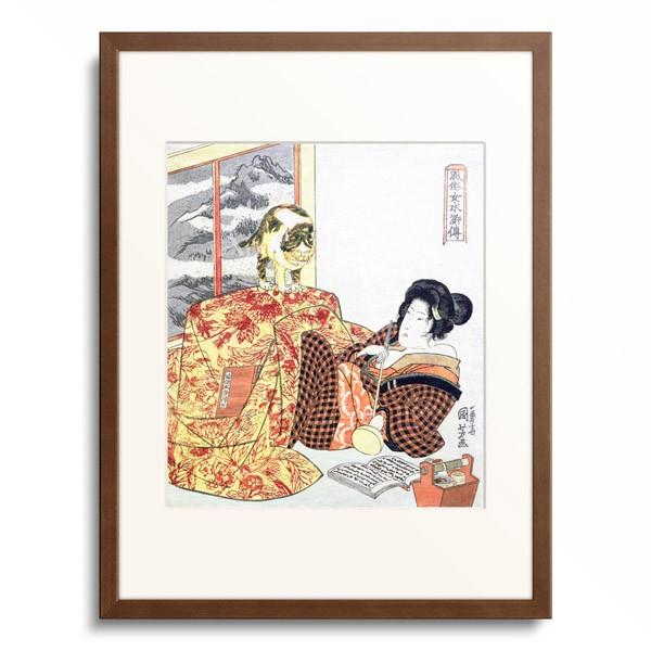 Reclining beauty reading a book and holding a pipe, warming her legs in a kotatsu brazier, with a cat on top. Utagawa Ku...