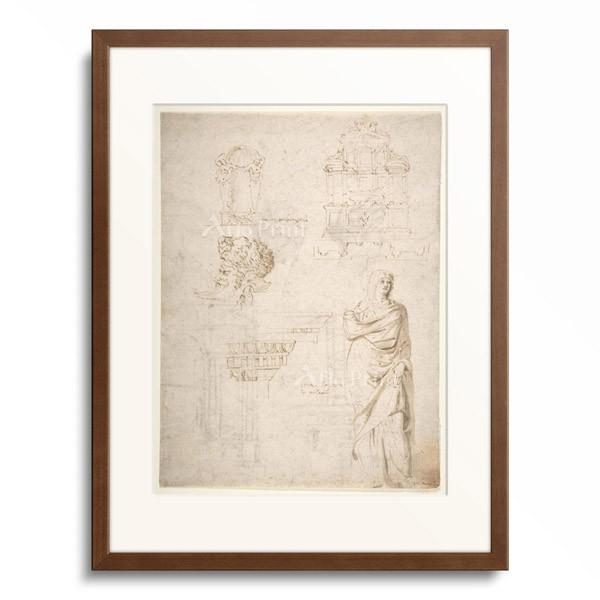 Michelangelo Buonarroti 1475-1564.Sketches of a Funeral Monument, a Niche with Statues, a Helmet in the Shape of a Human...