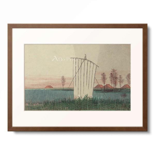 Hiroshige Ando, 1797-1858.Print shows a sail on a boat on a river with low buildings and fields in the background.Betwee...