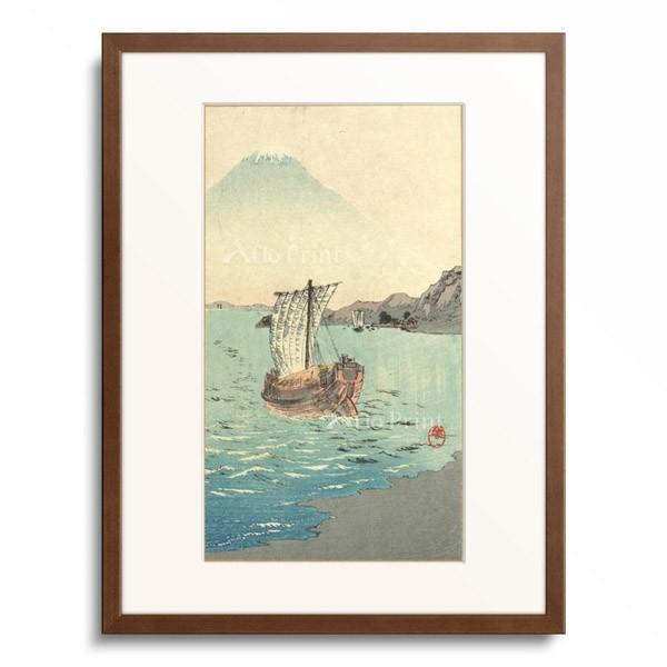 Yamamoto, Shokoku, 1870-1965,Japanese artist.Large sailing boat just off the shore with view of Mount Fuji in the distan...