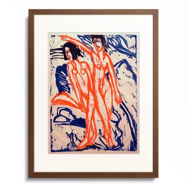 Kirchner, Ernst Ludwig 1880-1938."Zwei Badende am Strand", 1913.(Bathing nudes on a beach).Coloured woodcut 50,7 × 37,2 ...