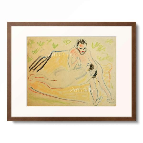 Kirchner, Ernst Ludwig 1880-1938."Couple on a Blanket" (Erich Heckel and an artist’s model), 1909.Coloured crayons, 36,4...