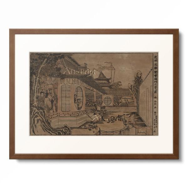 Hokusai Katsushika, 1760-1849.Print shows interior of a courtyard with men standing at entrances to the building and oth...