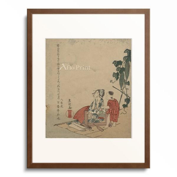 Hokusai Katsushika, 1760-1849.Print shows a woman daydreaming while leaning on a device for beating cloth; a young boy h...