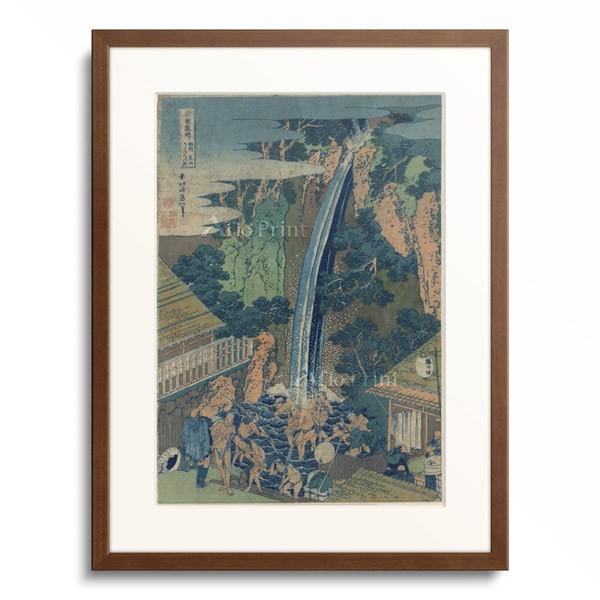 Hokusai Katsushika, 1760-1849.Print shows male bathers standing beneath mountain waterfall, with bathhouse on the right....