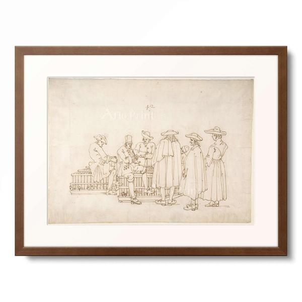 Bellotto, Bernardo 1722-1780.A Group of Figures Surrounding Two Bird-coops, Drawing, ca. 1697-1768.Pen and brown ink ove...