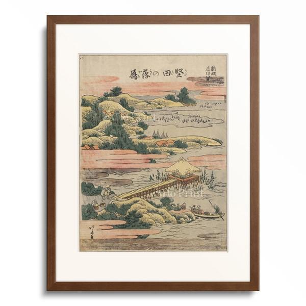Hokusai Katsushika, 1760-1849.Print shows a bird’s-eye view of a coastline with a thatch-roofed structure at the end of ...