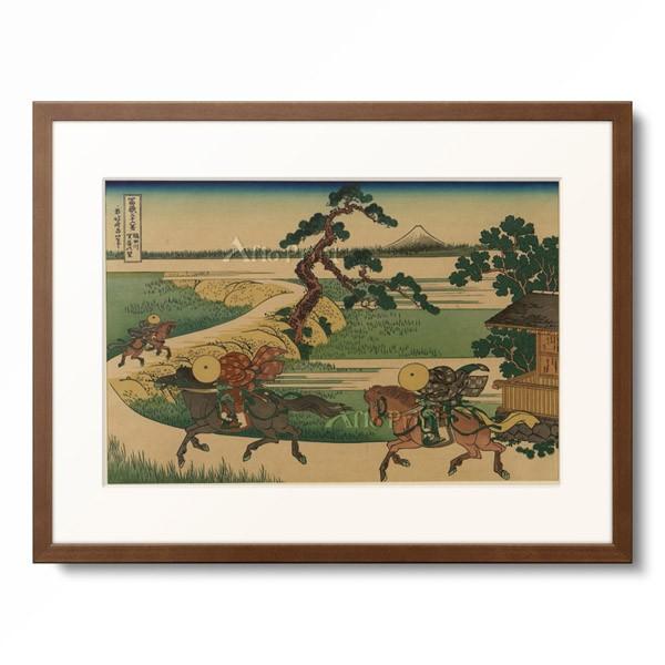 Hokusai Katsushika, 1760-1849.Print shows three horseback riders galloping past a small building or shrine on the Sumida...