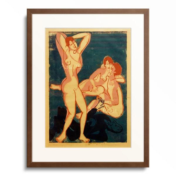 Kirchner, Ernst Ludwig 1880-1938."Drei Akte und liegener Mann",(Three nudes and reclining man), 1934.Woodcut, coloured, ...