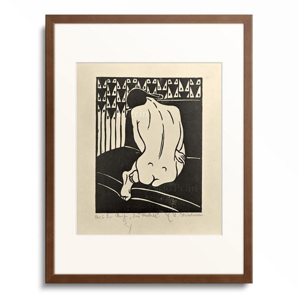 Kirchner, Ernst Ludwig 1880-1938."Kauernder Akt, vom Rucken gesehen"(Seated nude, back view), 1905.Woodcut, 13 × 10 cm.B...