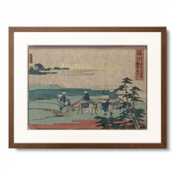Hokusai Katsushika, 1760-1849.Print shows several pilgrims, two on horseback, and a porter crossing a small bridge near ...