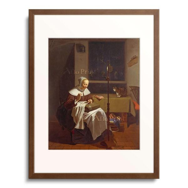 Artist:  Jonge, Ludolf de,(1616-1679),Follower Imagetitle:  Woman doing needlework by candlelight. Dimensions:  71,8 x 5...