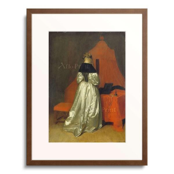 Artist:  Borch, Gerard ter,1617-1681,(?) Imagetitle:  Lady in a golden dress in front of a bed with red curtains. About ...