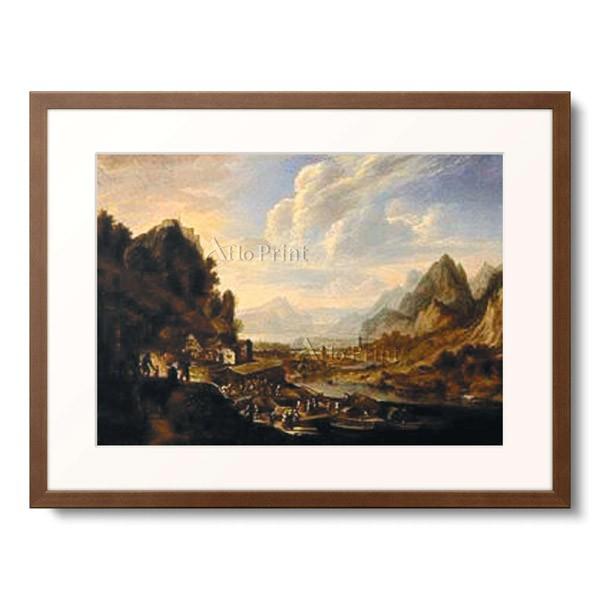 Artist:  Saftleven, Herman,1609-1685 Imagetitle:  Gebirgige Flusslandschaft mit anlegenden Schiffen, Bauern und Handlern...