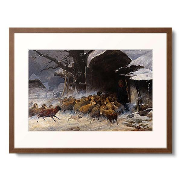 Artist:  Meissner, Ernst,1837-1902 Imagetitle:  Schafherde, die vor einem Schneetreiben in den Staal gebracht wird. Dime...