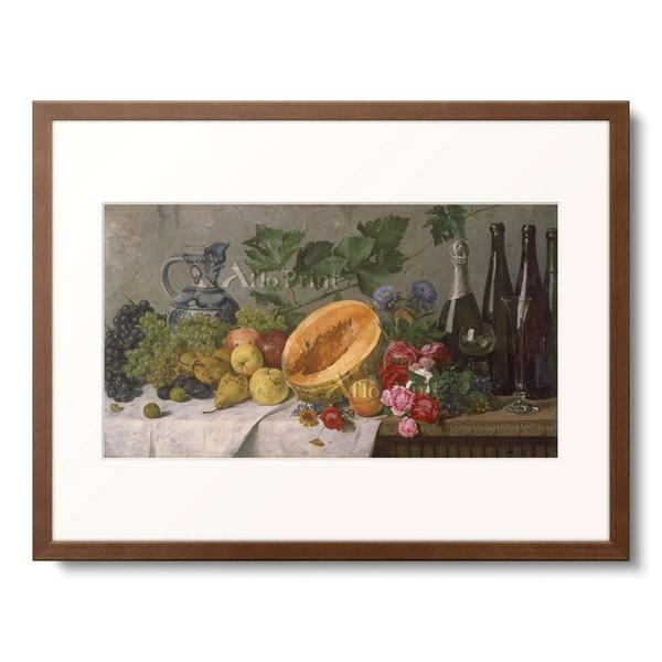Artist:  Jernberg, August,1826-1896 Imagetitle:  Still life with grapes, pears, apples and melon, as well as a bottle of...