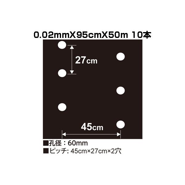 ・材質：PE（ポリエチレン）・厚み×幅×長さ：0.02mm×95cm×50m・穴径60mm×2条×株間27cm×条間45cm・カラー：黒色・配列：ちどり・主な適応作物：[白菜][レタス][だいこん][とうもろこし][えだまめ][落花生]※巻...
