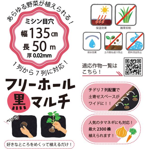 大人気のフリーホールマルチをリニューアル！好きなミシン目穴をぺリッとめくって植えるだけ！植え付け位置が5列チドリ配置に変わって、生育領域を確保しつつ、よりたくさんの野菜が植えられるようになりました。人気の野菜50品目を網羅！！ミシン目に沿っ...
