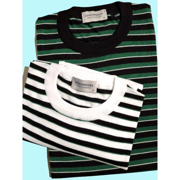 上質な半袖ニットTシャツ。それぞれ3色からなるボーダー柄。袖・裾にリブが付かないタイプです。 Tシャツを着る如く、ニットをデイリーに。ラフな着こなしでもスメドレーならオトナな装い保てます。■素材　シーアイランドコットン100%■カラー　ネイ...