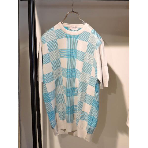 非常に柔らかいジョンスメドレーのシーアイランドコットンを、チューブラージャカードで編んだポ丸首ニットTシャツ。通常のものと織り方が違うため、若干厚みを感じます。発色のいいターコイズブルーとクラウド(グレー)の配色。線が交差する大胆な幾何学模...