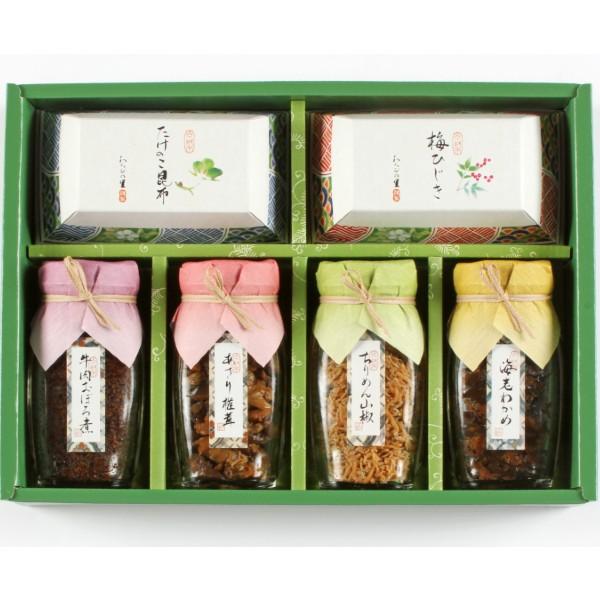 ●ちりめん山椒(30g)×1、海老わかめ(65g)×1、あさり椎茸(60g)×1、牛肉おぼろ煮(60g)×1、たけのこ昆布(50g)×1、梅ひじき(50g)×1●箱21.4×29.6×5.7cm（日本製）●賞味期限／180日（製造日より）お...