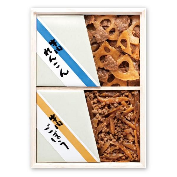 「商品情報」商品の説明高級感のある木箱に、浅草今半の牛肉佃煮をお詰合せいたしました。手土産に最適です。●牛肉れんこん５０ｇ・牛肉ごぼう５０ｇ×各１●木箱入●賞味期限（製造から）：9ヶ月『お詰合せ内容』 牛肉れんこん スライスした牛肉チップと...