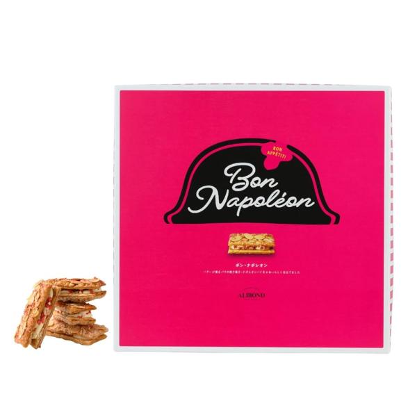 「商品情報」お菓子の王様「ナポレオンパイ」の愛称で呼ばれるいちごのミルフィーユをイメージした焼菓子です。さわやかな酸味が特徴のホワイトチョコクリームとフリーズドライの苺を、サクサクのパイ生地でサンドしたミルフィーユ。上品な甘さのざらめ糖とア...