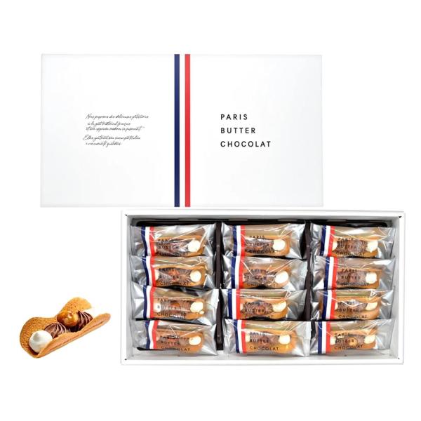 「商品情報」「主な仕様」?PARIS BUTTER CHOCOLAT（パリバターショコラ）12個入り? バター × ショコラの組み合わせ ― バター薫るラングドシャ生地に生食感ショコラを包んだ一品。?香ばしいマカダミアナッツ入り ― 食感と...