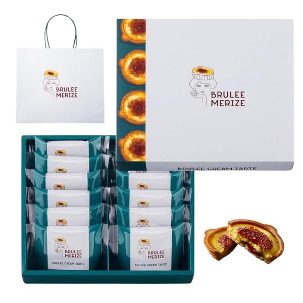 「商品情報」「主な仕様」ブリュレメリゼ ブリュレクリームタルト 12個入パリとろ食感が香ばしいブリュレタルト、ほろ苦いキャラメルソースがアクセントです。特定原材料等：小麦・卵・乳・大豆・アーモンド手提げ袋付き賞味期限目安：14日
