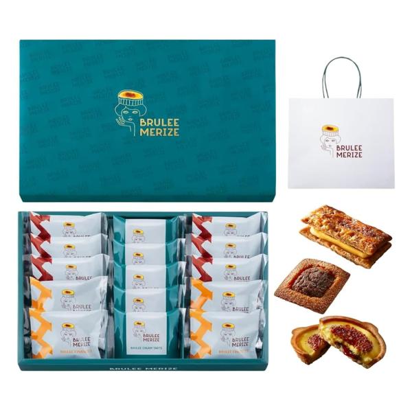 「商品情報」「主な仕様」ブリュレメリゼ 3種ブリュレスイーツ詰合せ 15個入ブリュレクリームタルト：5個 ブリュレフィナンシェ：4個 ブリュレミルフィーユ：6個賞味期限目安：14日手提げ袋付き