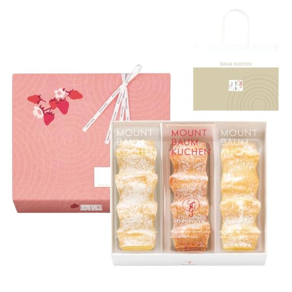「商品情報」「主な仕様」春のマウントバーム 詰合せ 3本入内容：マウントバーム苺バター×1、マウントバームしっかり芽×2賞味期限：約7日お菓子の大きさ：長さ 約16cm箱サイズ・重さ： 22×20.5×5.5cm 535g※箱含む手提げ袋付き