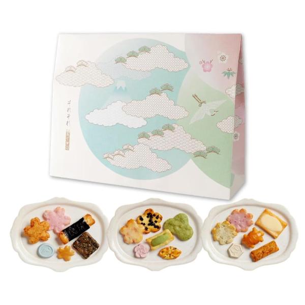 「商品情報」セット内容： 袋それぞれ（富士×2袋・松竹梅×2袋・鶴×2袋）3種6袋・手提げ袋1枚付き日々のブレイクタイムや来客時のお茶請けにちょうどよい量感。味わいと特徴： 国産もち米を使ったおかきに和三盆糖など厳選素材を合わせた銀座あけぼ...