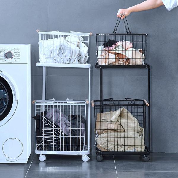 大小2種のバスケットとワゴンがセットになった、2段タイプのスリムランドリーワゴンです。キャスター付きでスイスイ移動。スリムでスペースの限られた脱衣所にもスッキリ置けます。柱2本構造で、縦向きに置いても横向きに置いても下段のバスケットが取り出...