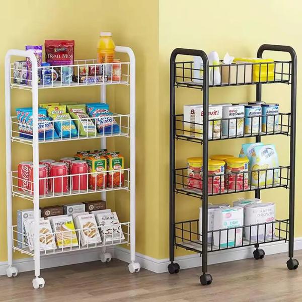 軽量で丈夫・組立簡単・隙間で活躍、使い勝手バツグンの4段ラックです。リビング、キッチン、洗面所、子供部屋、ワークスペースがスッキリ！ホコリや落下防止に保護シートがもあるので細々したものの整理にも◎キャスター付きなのでどこにでも移動できます。...