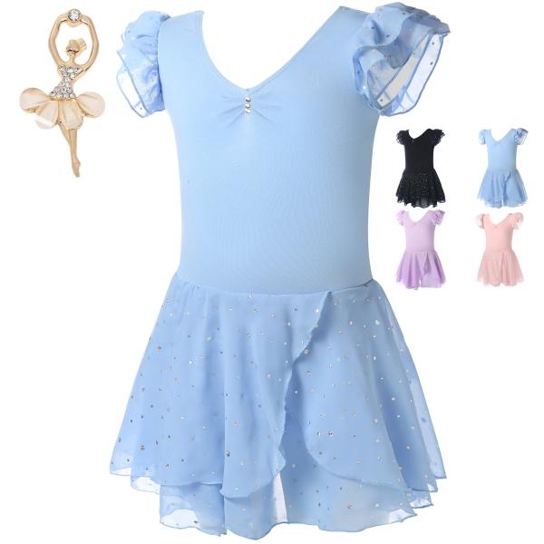 【サイズ】キッズ・子供・ジュニア 110-150cm まで【カラー】黒、ピンク、バイオレット、ブルー【素材】棉 + スパンデックス【特徴】袖のダブルフリルと、ラッフルスカートが可愛らしい子供用バレエレオタードです。【その他】胸元にはビジュー...