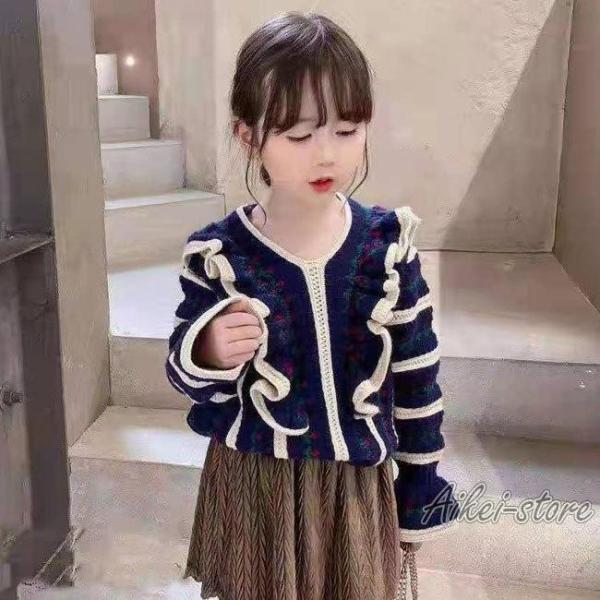 ニットセーター キッズ 女の子 フリル セーター 花柄 ニット おしゃれ 女児 ゆったり ニットトップス 長袖 春秋 トップス クルーネック 子供 ブラック ピンク ネイビー ベージュ秋冬ファッションのトップス、ガールズニットセーター程良い...