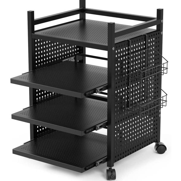 /商品詳細サイズ　幅46×奥行37×高さ63cm(キャスターを付けた状態)材　質本　体　スチール（粉体塗装）キャスター　プラスチック耐荷重(静止)棚板　約10kgカゴ　約2kg/パンチングボードで排熱しやすいゲーム機ラックの棚板はパンチング...