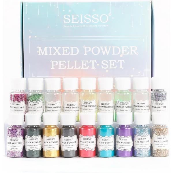 /18色セット5gマイカパウダー　  *6色（ゴールド,レッド,フォレストグリーン,ライムブルー,パープル,シルバーブラック)10g夜光スパンコール*6色（シルバー,ゴールド,ピーチ,グリーン,ブルー,パープル)10g夜光砂　　　　　*5色...