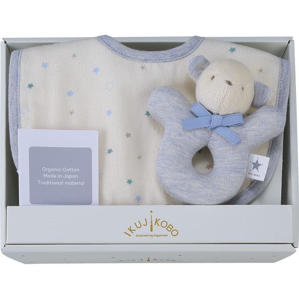 ●現品(スタイ)約19×31cm、(ラトル)約19×10×4cm●スタイ：綿100%、ラトル：綿100%(中綿ポリエステル)●スタイ、ラトル×各1●対象年齢：(スタイ)3ヶ月~、(ラトル)3ヶ月~●家庭洗濯可(手洗い)●原産国：日本●箱サイ...