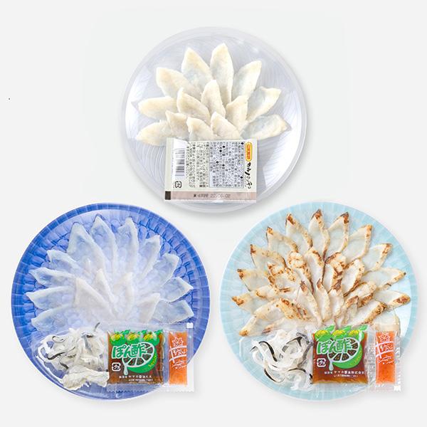 ●商品内容：とらふく刺身皿（とらふく刺身20g、とらふく皮湯引き10g、ぽん酢、もみじおろし）・まふくたたき刺身皿(まふくたたき刺身30g、とらふく皮湯引き10g、ぽん酢、もみじおろし)・まふくカルパッチョ皿(まふくカルパッチョ30g、ドレ...