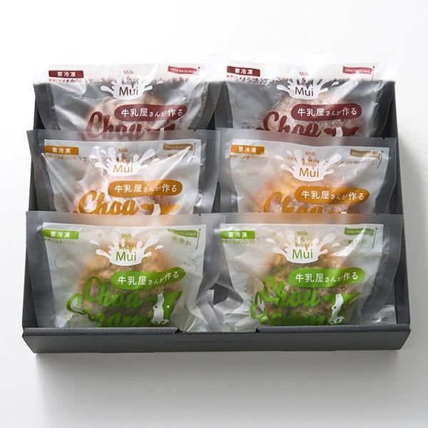 ●商品内容：シュークリーム（チョコレート、抹茶、ヘーゼルナッツ）×各2個●賞味期間：冷凍180日●アレルギー：卵・乳・小麦●箱サイズ：295×210×65mm●包装：簡易包装●二重包装：可●のし：可●巻のし：可●冷凍便【チョコレート】甘さ控...
