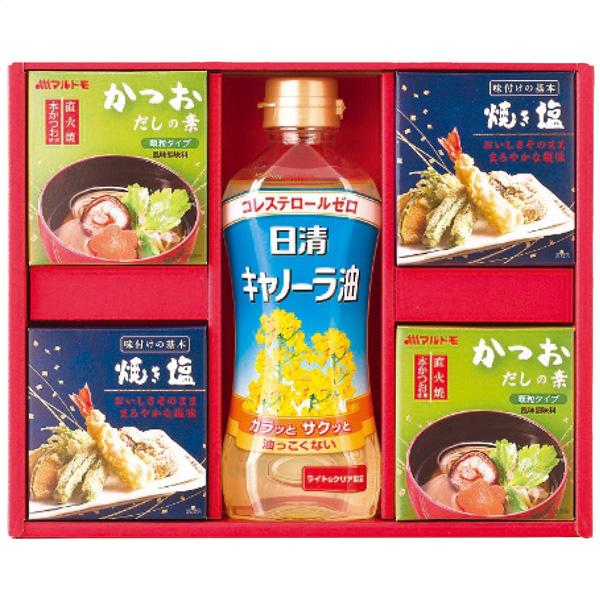 ●商品内容：日清キャノーラ油350g×1本・マルトモかつおだしの素(4g×6袋)・焼き塩(20g×2袋)各2箱・賞味期間/製造日より常温約540日・［日本製］・【乳成分】●サイズ・重量：26.6×22.1×6cm・60サイズ・780g