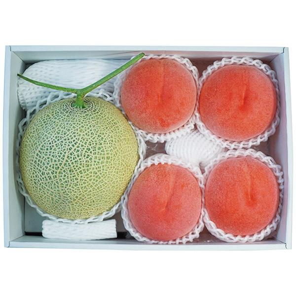 お届け開始日：7月中旬より■現/北海道産赤肉メロン約1.3kg×1玉・山梨県産桃約230g×4玉・常温 ■アレルギー【もも】■箱/35×25.5×15cm・2500g山梨産　光センサー選別桃日本一の桃源郷を誇る、山梨みさかの桃。その訳は徹底...