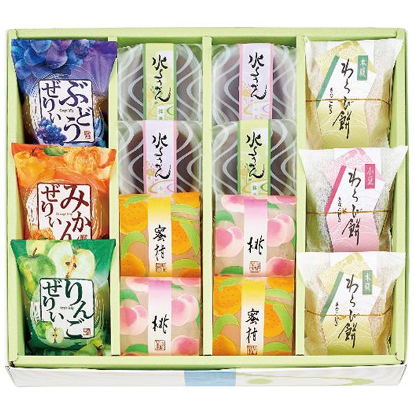 ■現/水ようかん78g(小豆・抹茶)・ゼリー70g(桃・蜜柑)各2個・フルーツゼリー70g(ぶどう・みかん・りんご各1個)・わらび餅78g(本蕨2個・小豆1個) ■賞味期間/製造日より常温約180日 ■アレルギー【大豆・もも・りんご】■箱/...
