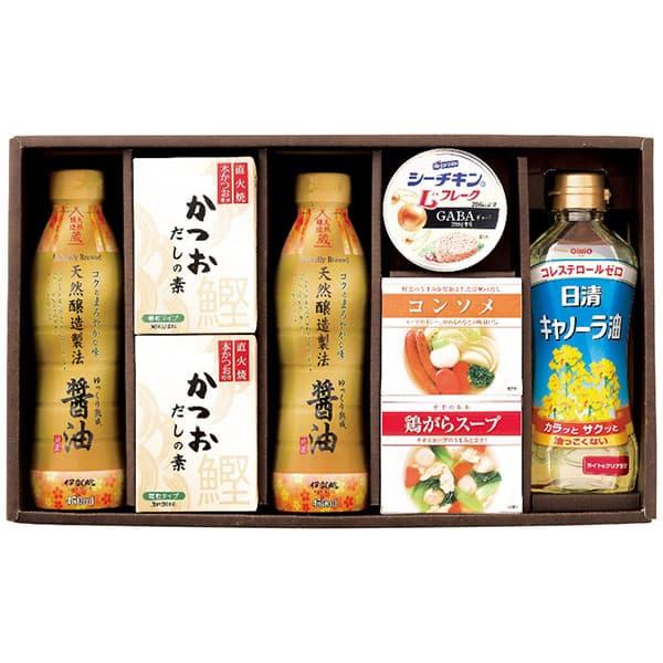 ●天然醸造しょうゆ(濃口)450ml×2本・はごろもシーチキンLフレークGABA入り70g×1缶・マルトモかつおだしの素(4g×4袋)2箱・コンソメ(5g×2袋)・鶏がらスープ(5g×2袋)各1箱・日清キャノーラ油350g×1本・賞味期間/...