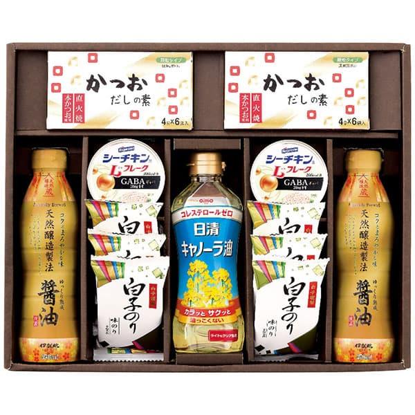 ●天然醸造しょうゆ(濃口)450ml×2本・はごろもシーチキンLフレークGABA入り70g×2缶・マルトモかつおだしの素(4g×6袋)2箱・白子のり味のり(8切5枚)6袋・日清キャノーラ油350g×1本・賞味期間/製造日より常温約540日・...
