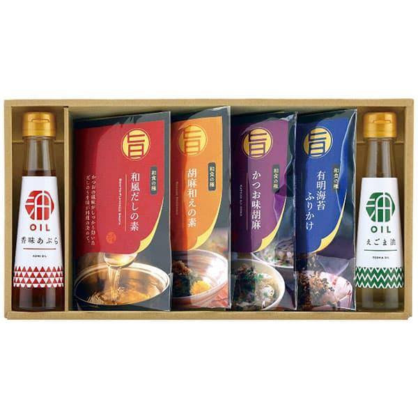 ●香味あぶら90g・えごま油90g各1本・和風だしの素(4g×3袋)・胡麻和えの素(5g×2袋)・かつお味胡麻(4g×2袋)・有明海苔ふりかけ(5g×2袋)各1個・賞味期間/製造日より常温約300日・［日本製］・【乳成分・小麦・ごま・大豆】...