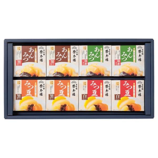 ●和菓子屋のあんみつ（黒みつ）255g×2、和菓子屋のあんみつ（抹茶みつ）255g×2、和菓子屋のみつ豆（黒みつ）225g×2、和菓子屋のみつ豆（白みつ）225g×2●賞味期間：製造後540日●箱サイズ：210×405×85mm●アレルギー...