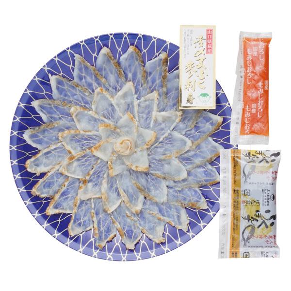 出荷日：6月11日から8月7日●セット内容：まふく炙り刺身80g（プラスチック皿22cm）、ポン酢35g、モミジオロシ16g●賞味期間：冷凍30日●冷凍便●のし下名入れ不可●二重包装不可●離島配達不可