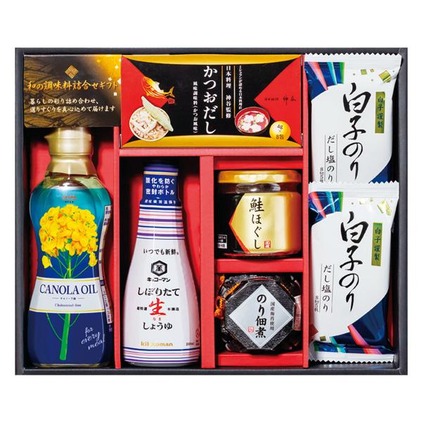 ●セット内容：白子のりだし塩のり(8切5枚)×2、昭和キャノーラ油(300g)・キッコーマンしぼりたて生しょうゆ(200ml)・のり佃煮(80g)・鮭ほぐし(50g)・かつおだし(4g×8袋)×各1●賞味期間：常温1年●アレルギー：乳・小麦...